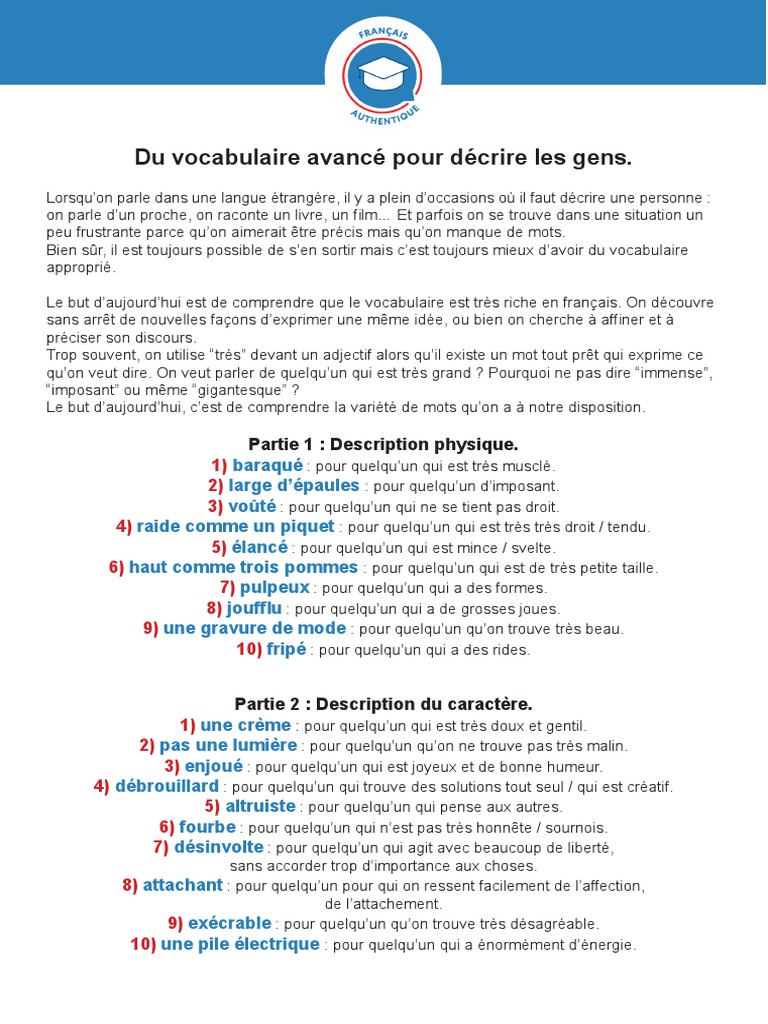 Du Vocabulaire Avancé Pour Décrire Les Gens - PDF | PDF | Lexique