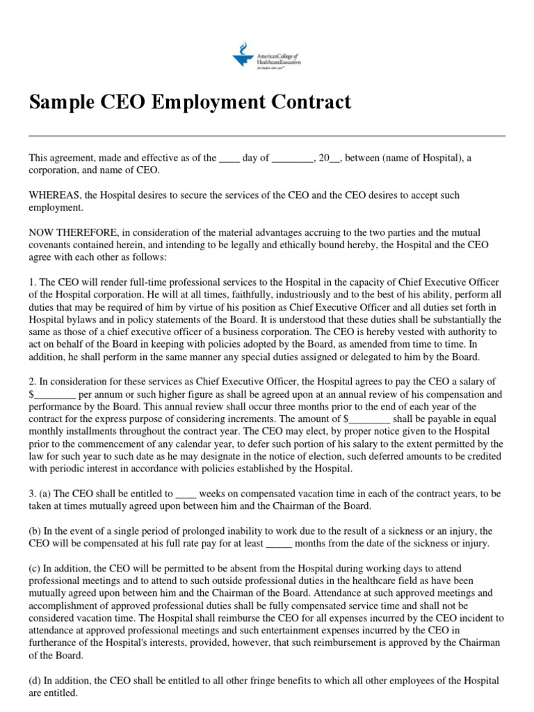 Sample Ceo Employment Contract Pdf Insurance Employment