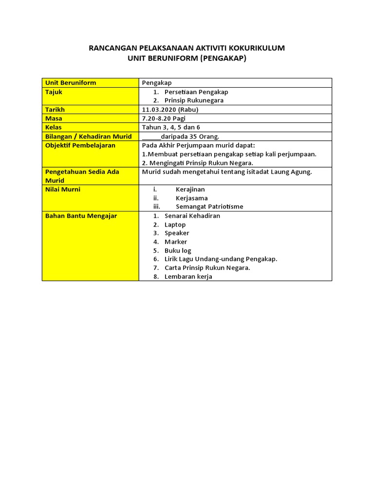 Rancangan Pelaksanaan Aktiviti Kokurikulum 1 | PDF
