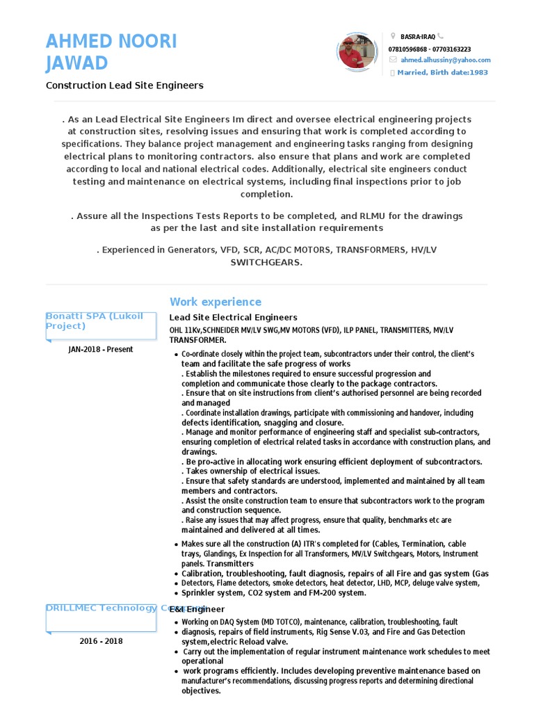 Ahmed Noori Jawad: Work Experience | PDF | Valve | Calibration