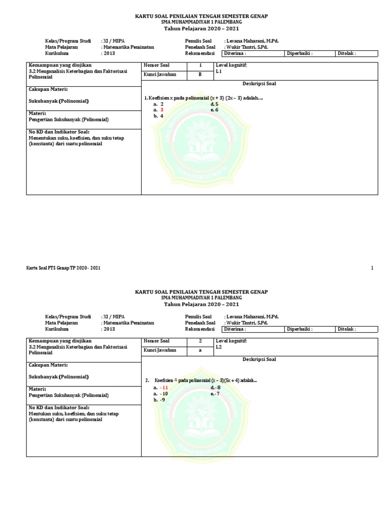 Kartu Soal PTS MTK Minat Kelas XI | PDF