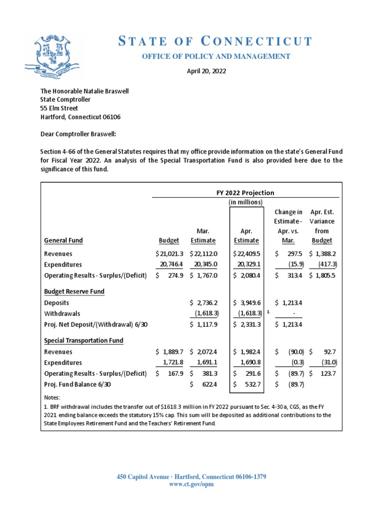 FY 2022 April 20 2022 Comptroller Letter | PDF | Fund Accounting | Taxes