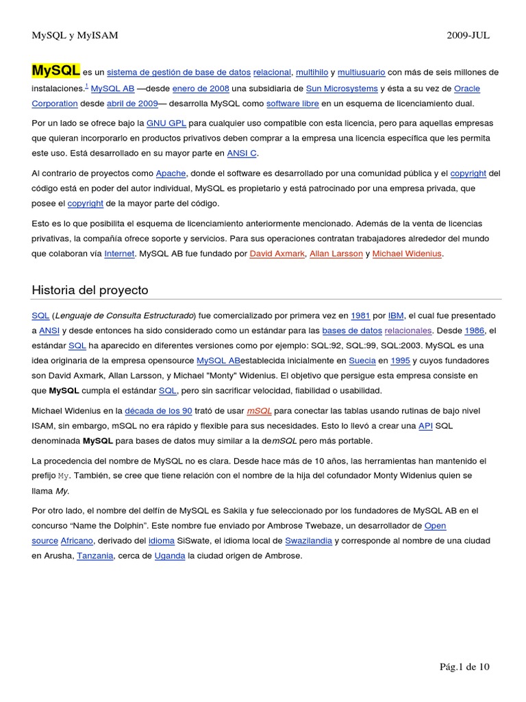 MySQL Es Un Sistema de Gestión de Base de Datos Relacional, Multihilo y ...