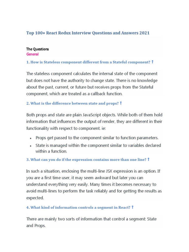 Top 100 React-Redux Interview Questions 2021 | PDF | Angular Js | Java Script