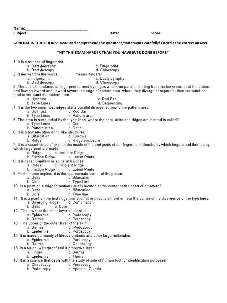 Dactyloscopy Questionnaire - 1-50 | PDF | Fingerprint | Human Anatomy