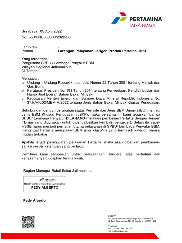 Surat - Kelur Larangan Pelayanan Jerigen Produk Pertalite JBKP 5 April 2022 Retail Manager | PDF