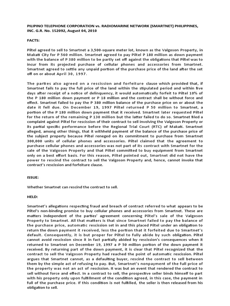 Smartnet vs. Piltel: Contract Rescission | PDF | Justice | Law Of ...