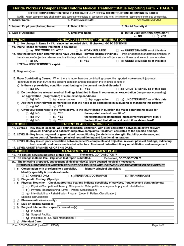 Florida DWC-25 Medical Treatment Form | PDF | Physical Therapy | Health ...