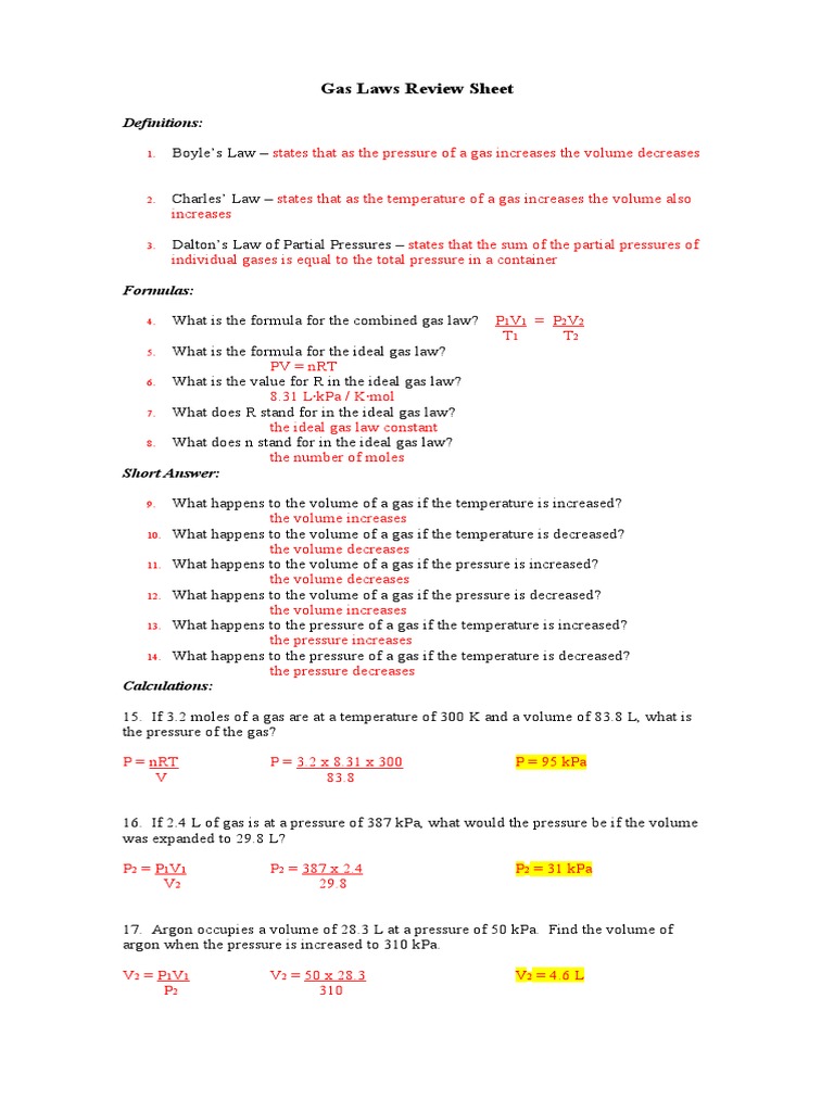 Gas Laws Review Sheet Answers | PDF | Gases | Applied And ...