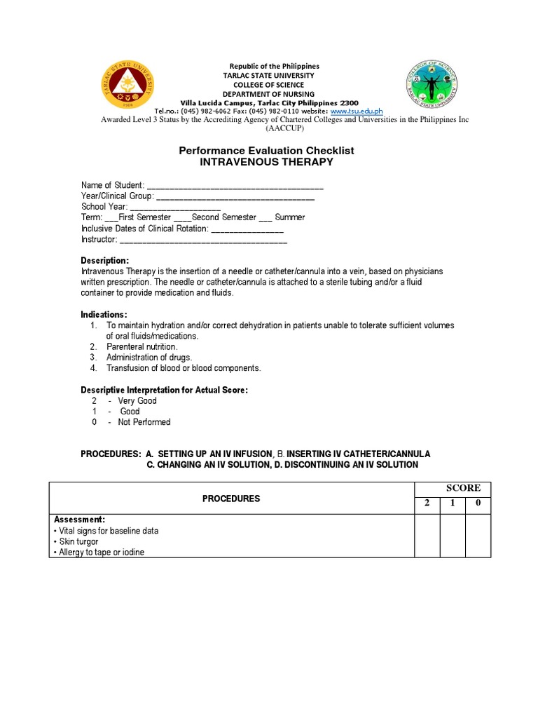 Intravenous Therapy Checklist | PDF | Intravenous Therapy | Medicine