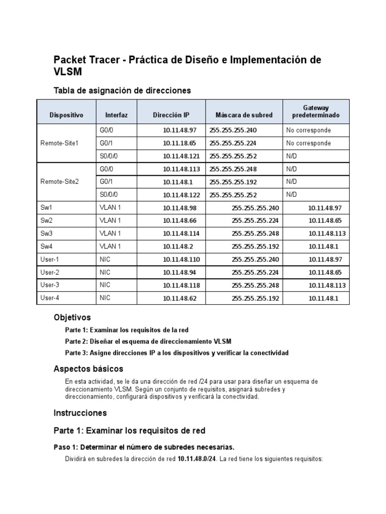 Packet Tracer - Práctica de Diseño e Implementación de VLSM | PDF | Dirección IP | Arquitectura ...