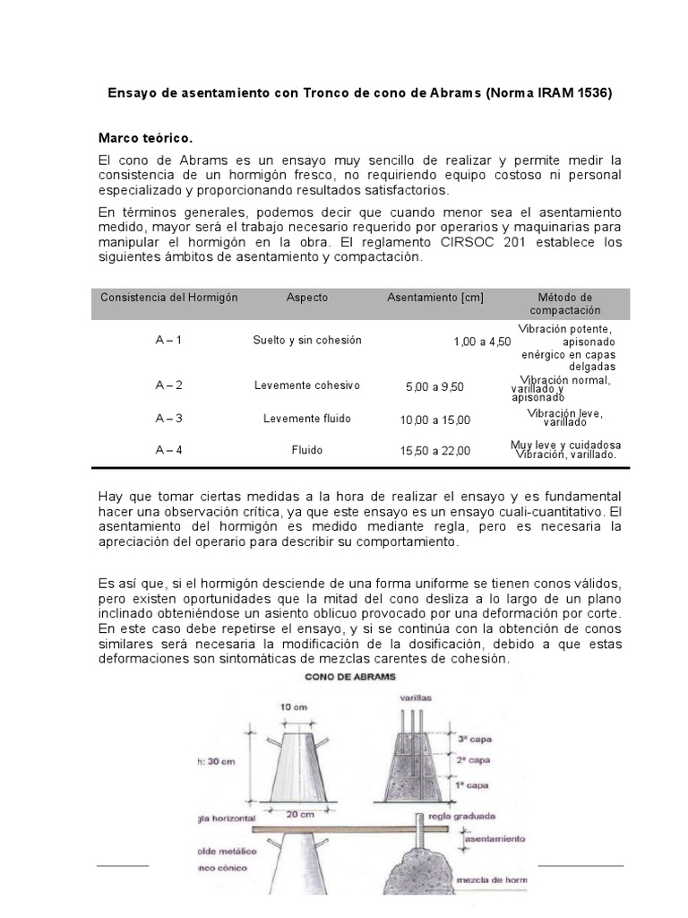 Ensayo de Asentamiento Con Tronco de Cono de Abrams (Norma IRAM 1536) | PDF | Hormigón ...