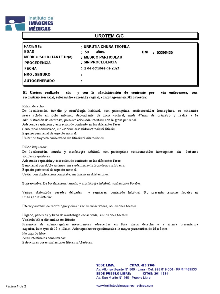 Urotem C/C: Página 1 de 2 | PDF | Riñón | Fisiologia Animal