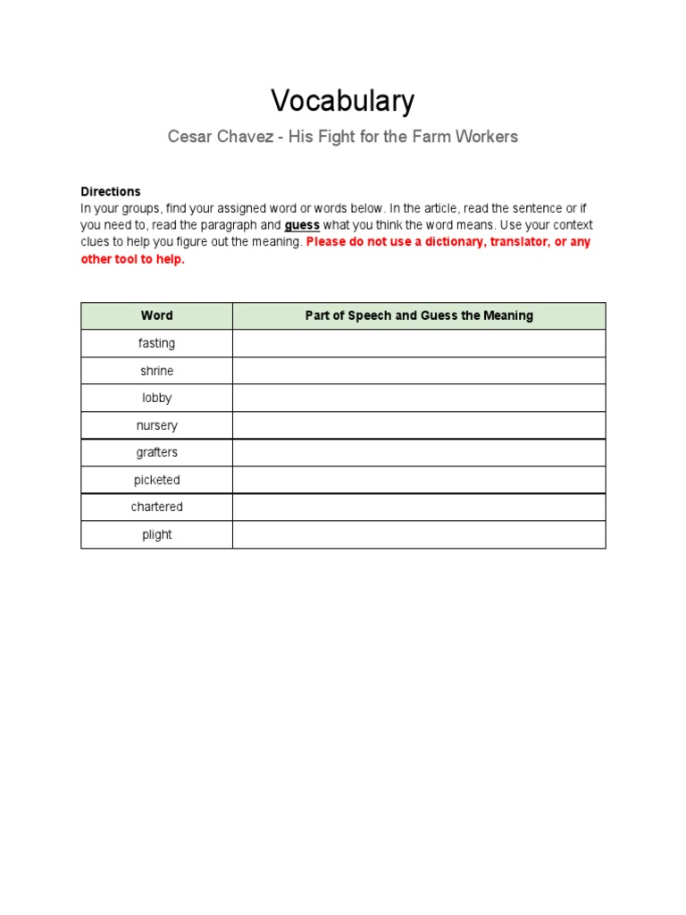 Vocabulary - Cesar Chavez | PDF
