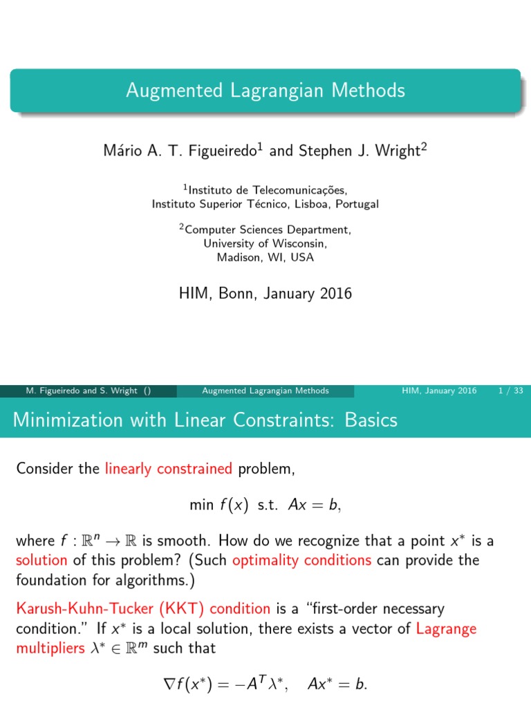 Augmented Lagrangian Methods: M Ario A. T. Figueiredo and Stephen J. Wright | PDF | Computer ...
