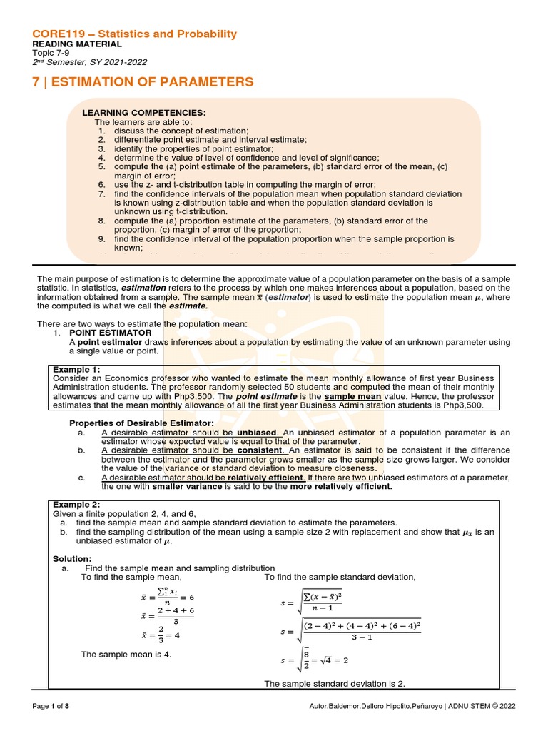 7 - Estimation of Parameters: CORE119 - Statistics and Probability ...