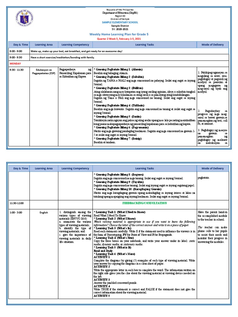 Grade 5 - All Subjects - WHLP - Q2 - W5 | PDF
