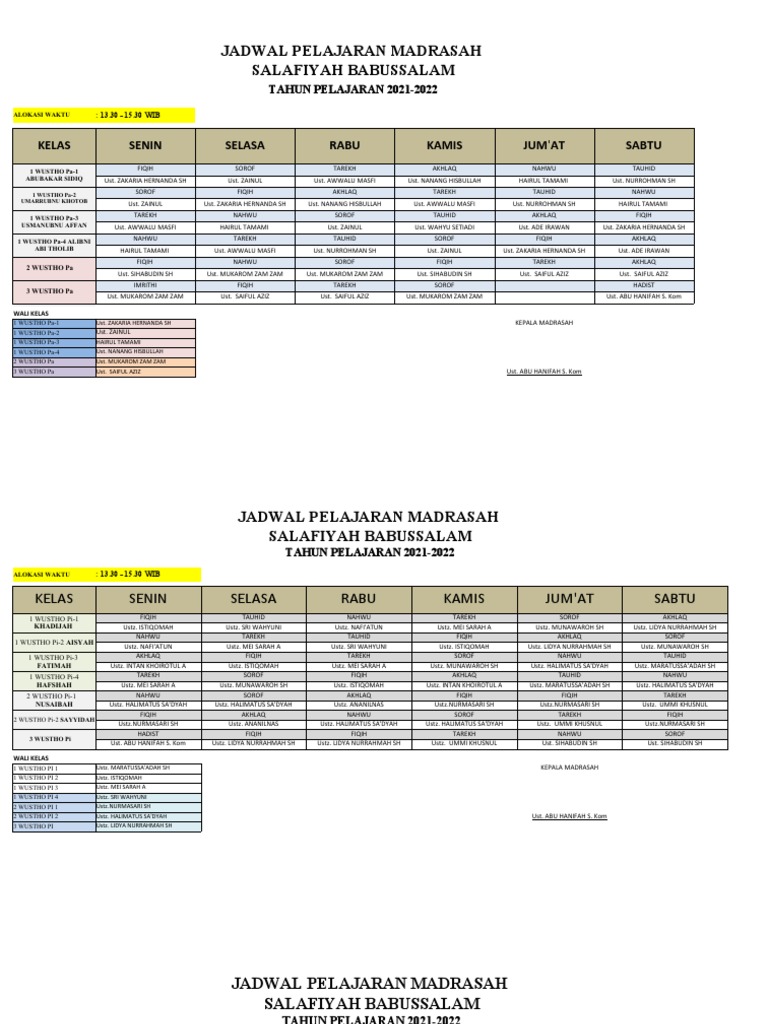 Jadwal Pelajaran Madrasah Salafiyah Babussalam: Kelas Senin Selasa Rabu Kamis Jum'At Sabtu | PDF