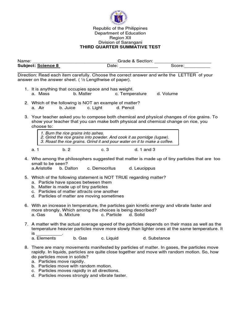 Grade 8 Matter and Materials Test | PDF | Atoms | Proton