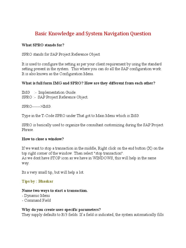 Basic Knowledge and System Nevigation Question of SAP | PDF | Data ...