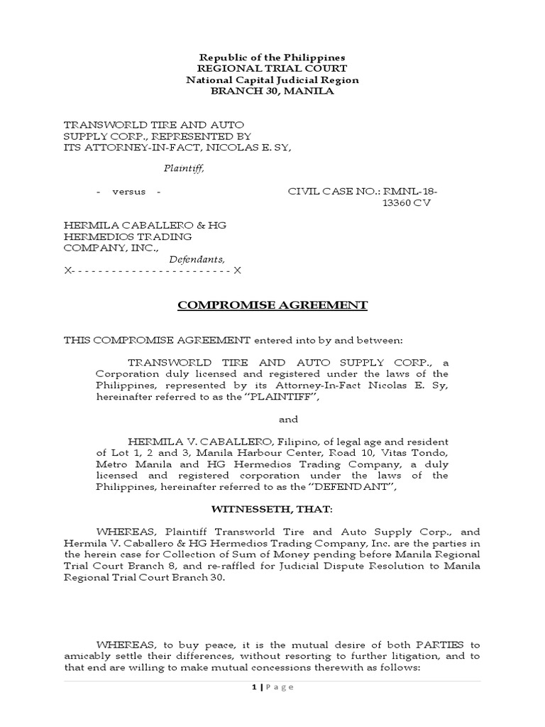 Compromise Agreement: Plaintiff | PDF | Lawsuit | Manila