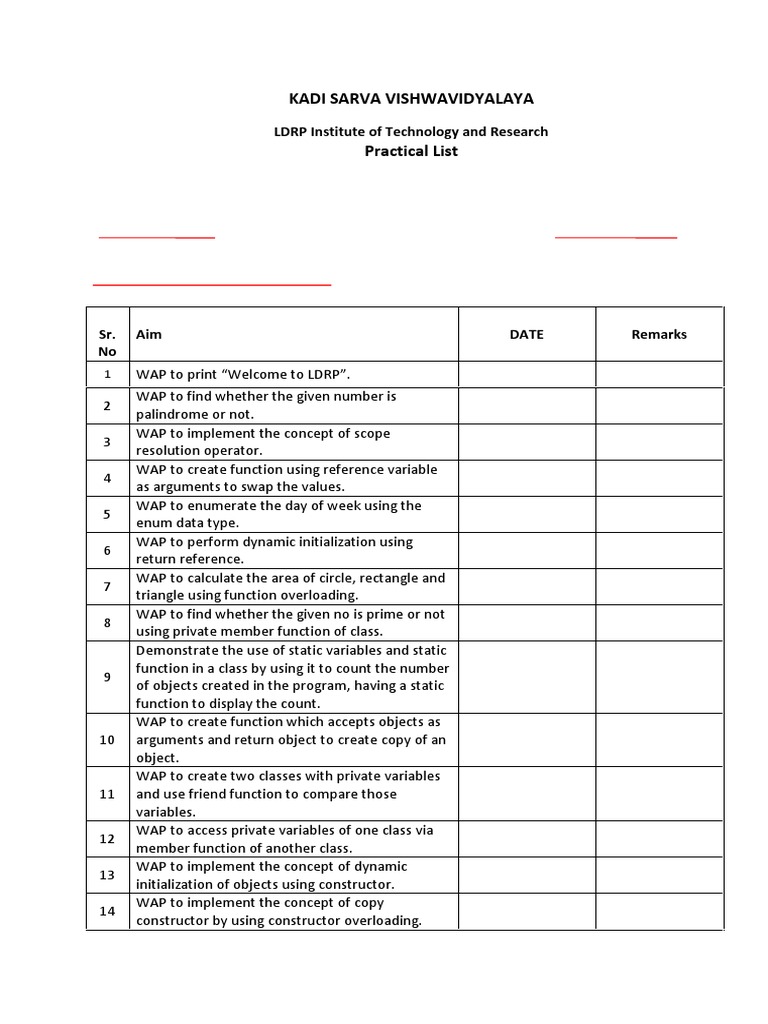 Kadi Sarva Vishwavidyalaya Practical List: LDRP Institute of Technology and Research | PDF ...