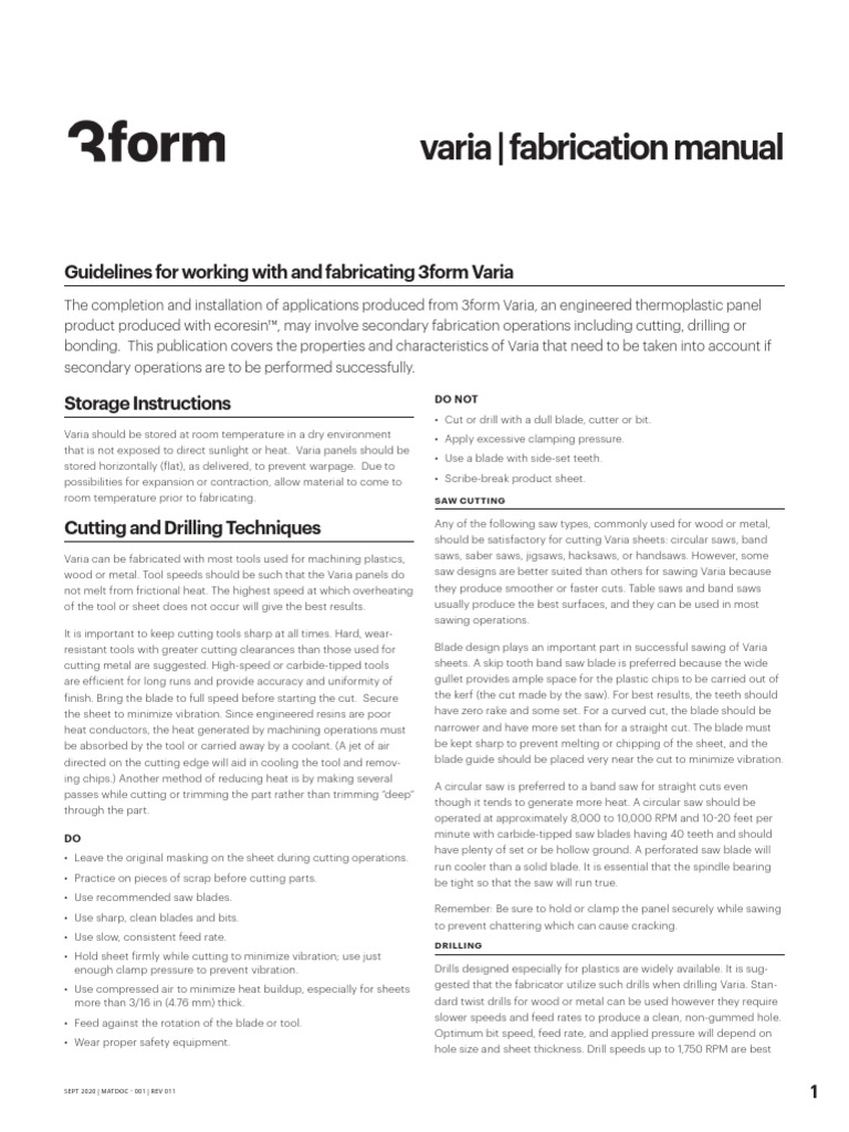 3form Varia Fabrication Manual REV011 | PDF | Drilling | Adhesive