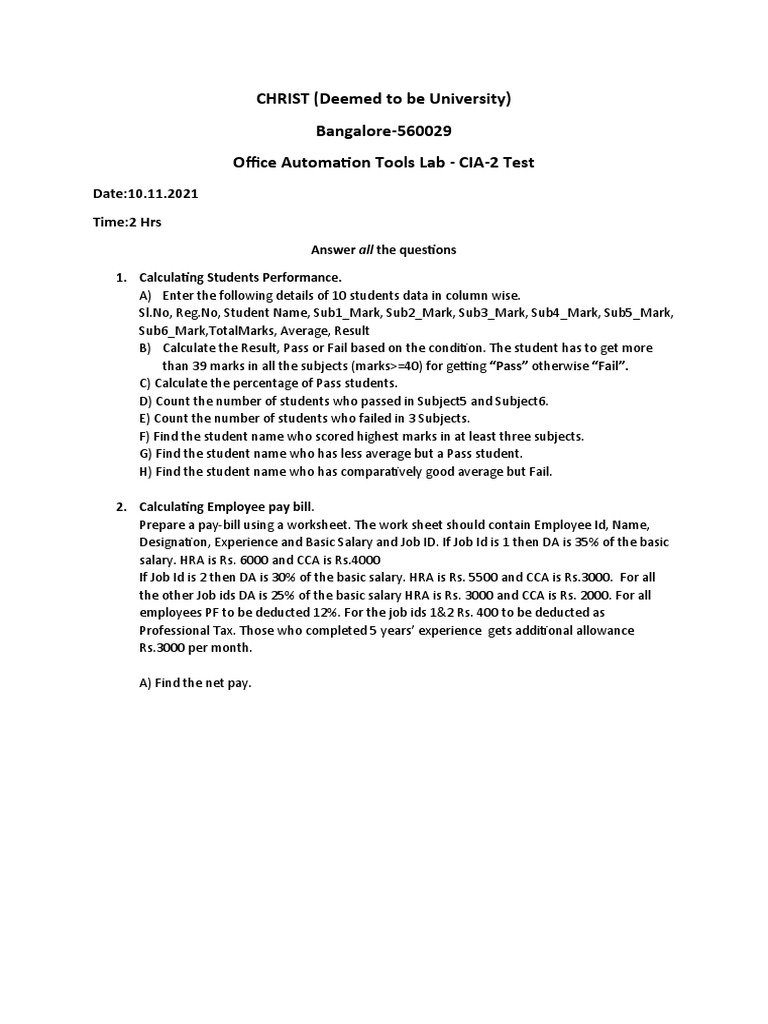 CHRIST (Deemed To Be University) Bangalore-560029 Office Automation ...