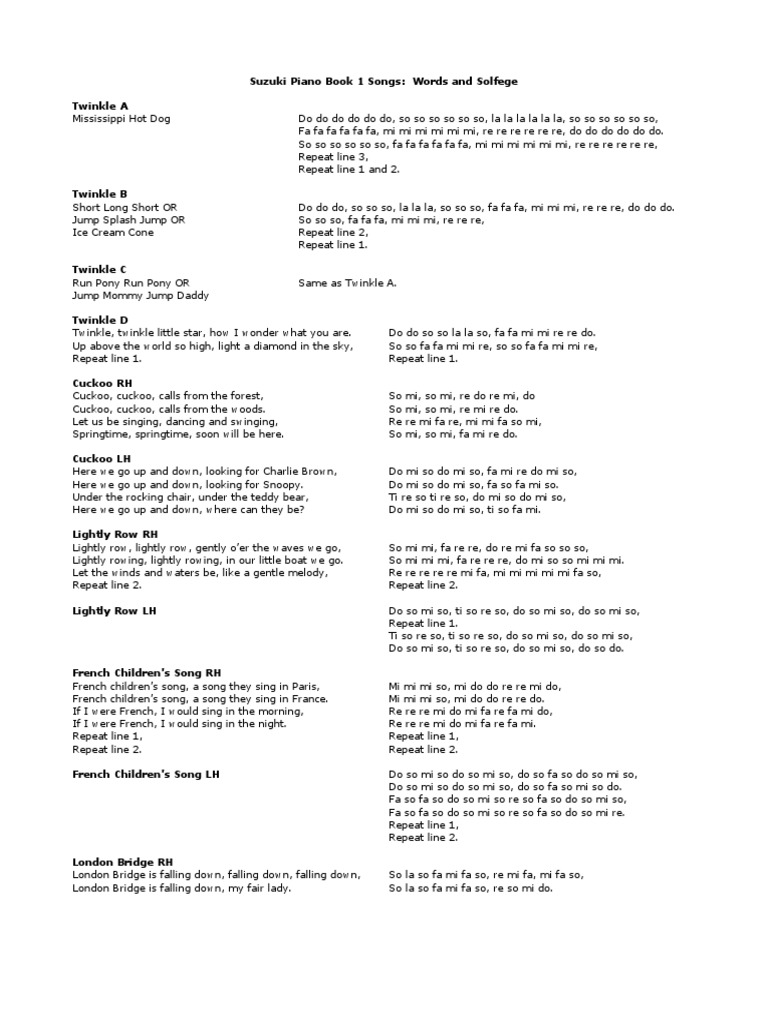 Suzuki Piano Book 1 Lyrics and Solfege | PDF | Nature | Leisure