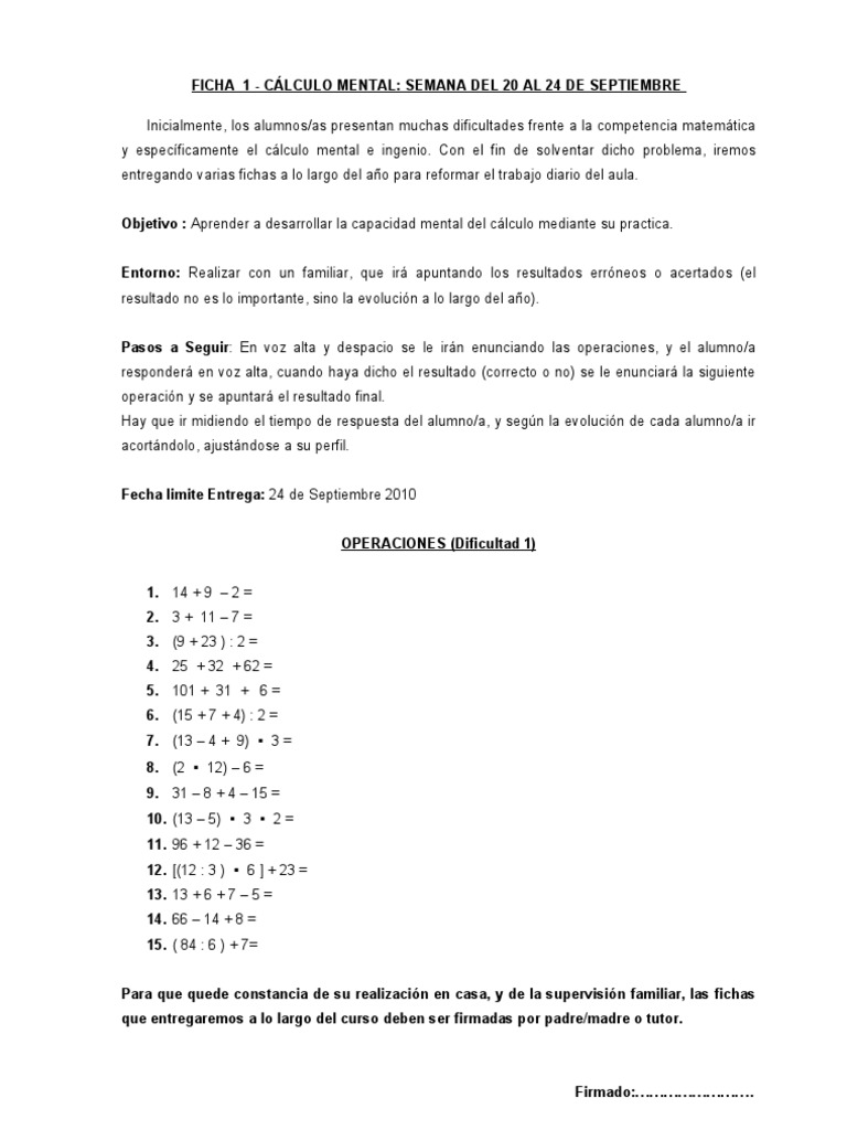 Ficha1 Cálculo Mental | PDF | Crecimiento personal y profesional