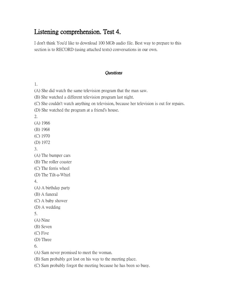 Listening Comprehension. Test 4 | PDF | Albert Einstein | Horses