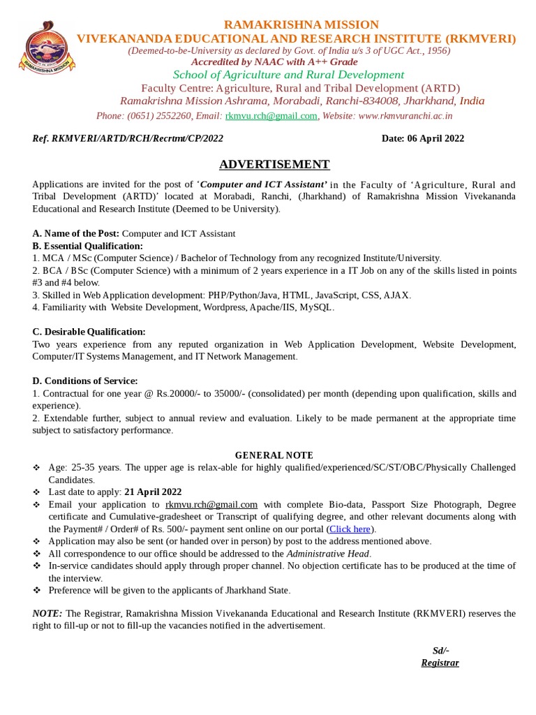 Advertisement For Post of Computer and ICT Asst. 2022-04-06 | PDF | Web ...