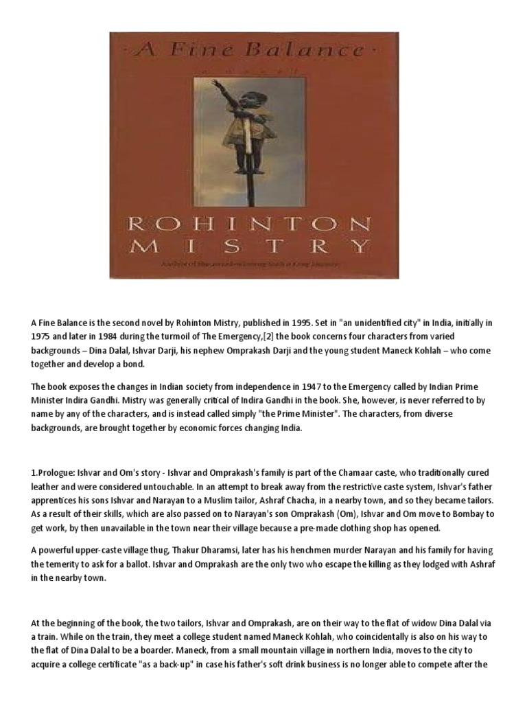 A Fine Balance Is The Second Novel by Rohinton Mistry | PDF | Mystery ...