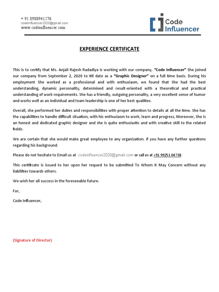 EXPERIENCE CERTIFICATE Sample | PDF
