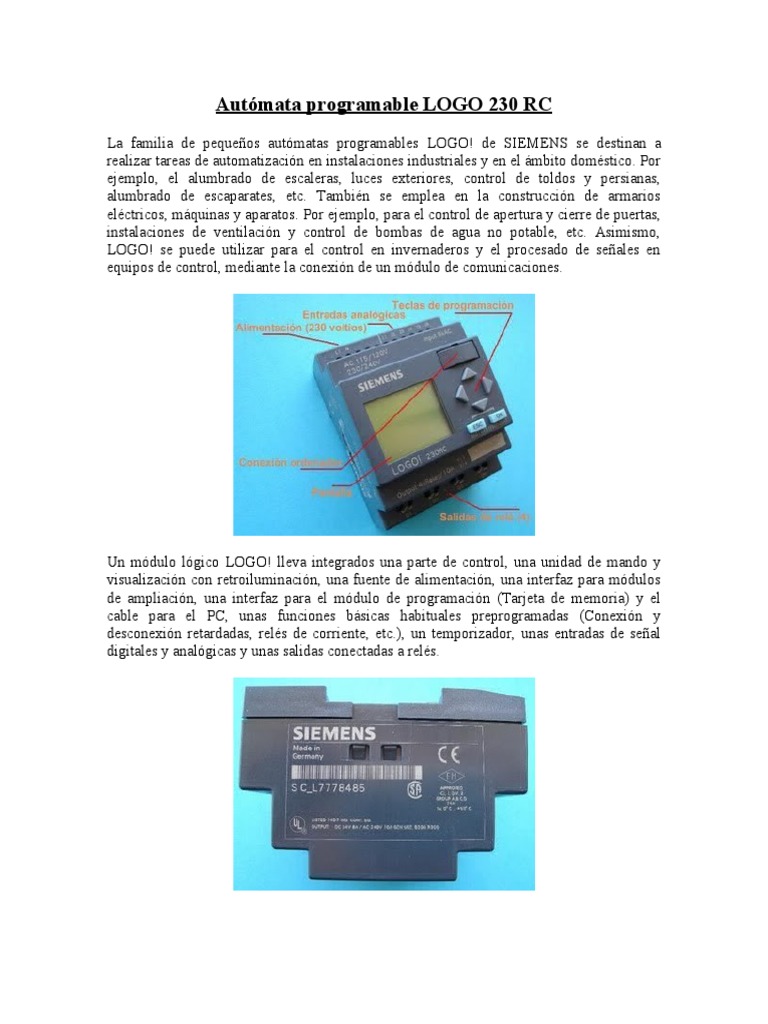 Autómata Siemens LOGO 230 RC: Manual y Uso | PDF | Relé | Automatización