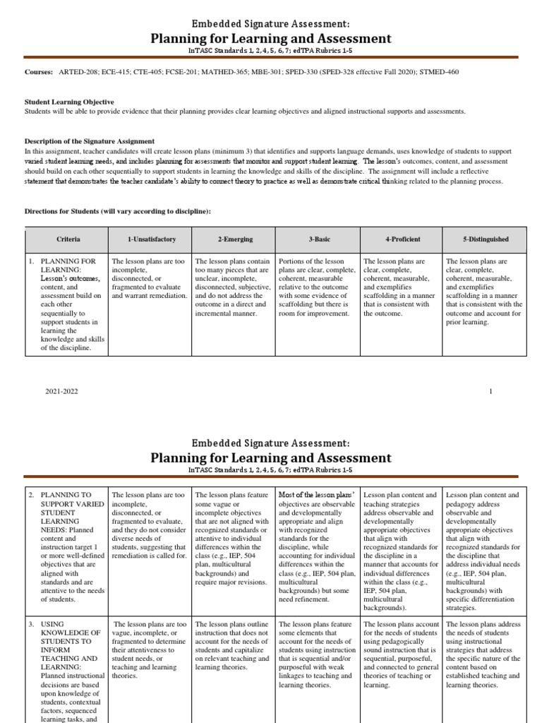 Planning For Learning and Assessment | PDF | Educational Assessment ...