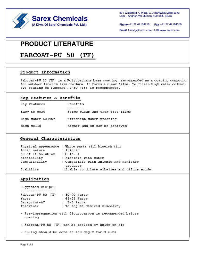 Fabcoat-Pu 50 (TF) : Sarex Chemicals | PDF | Water | Chemistry