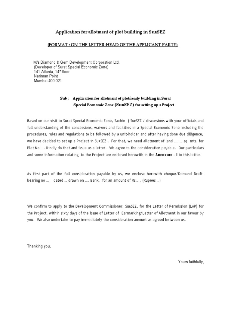 Application For Allotment of Plot Building in S SEZ: (Format: On The ...