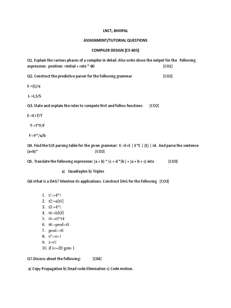 LNCT, Bhopal Assignment/Tutorial Questions Compiler Design (Cs-603) | PDF