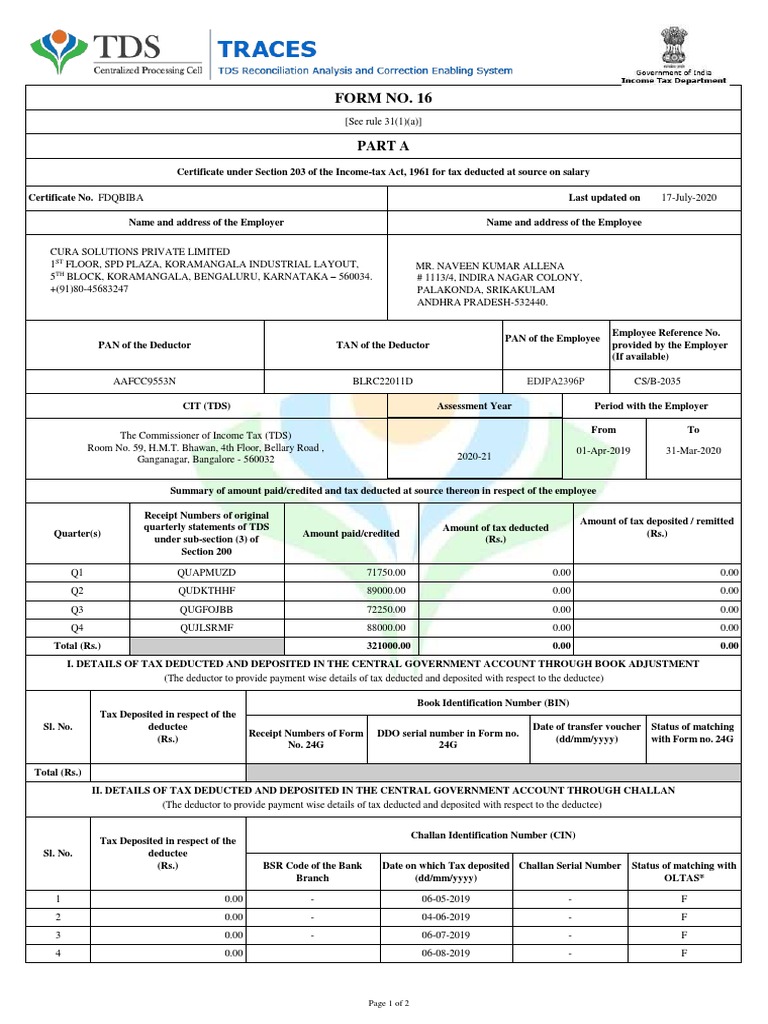 Form No. 16: Part A | PDF | Tax Deduction | Pension