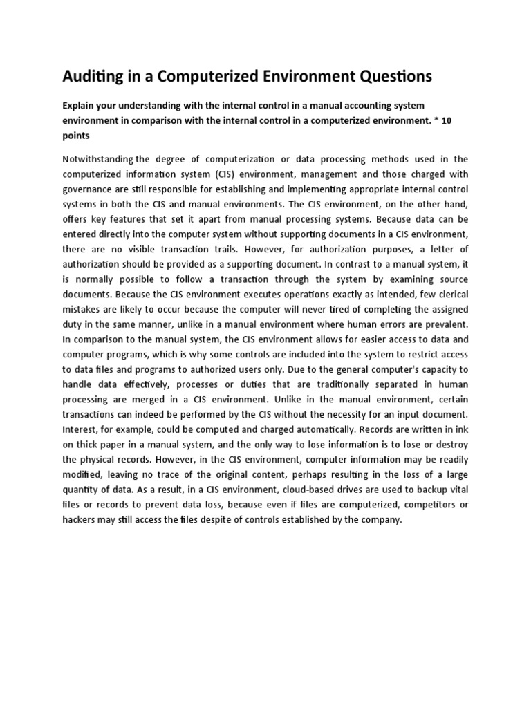 Auditing in A Computerized Environment Questions | PDF | Audit | Internal Control