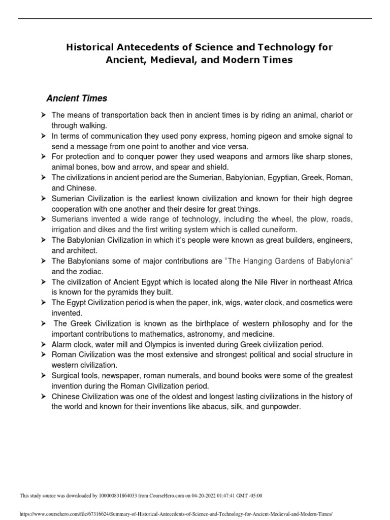 Summary of Historical Antecedents of Science and Technology For Ancient ...