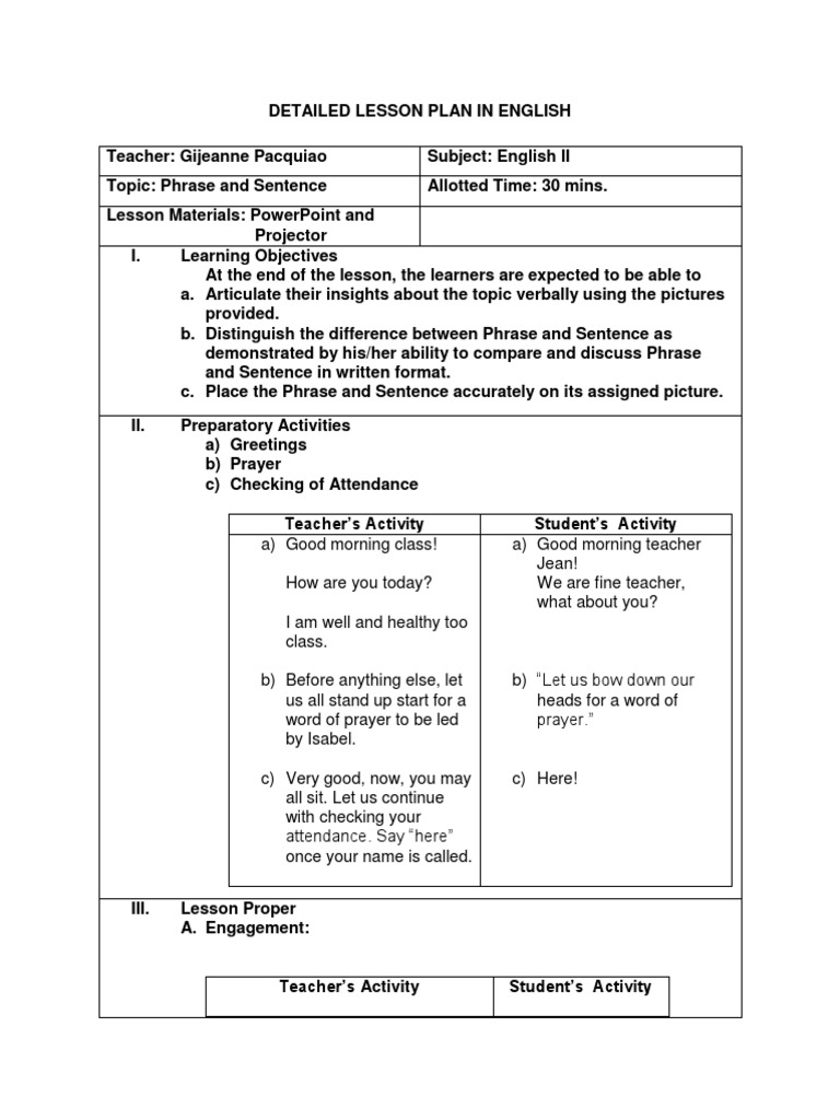 English II Lesson Plan: Phrases vs. Sentences | PDF | Lesson Plan | Phrase