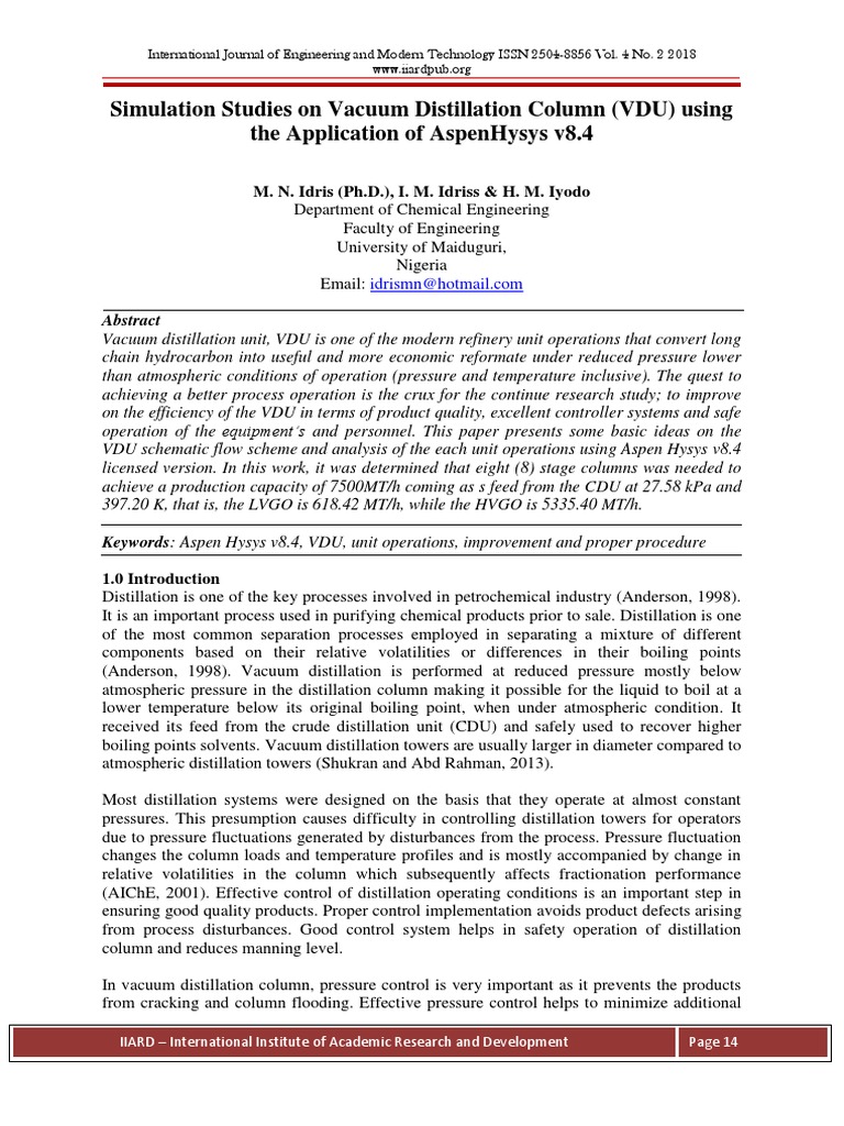 Simulation Studies On Vacuum Distillation Column (Vdu) Using The ...