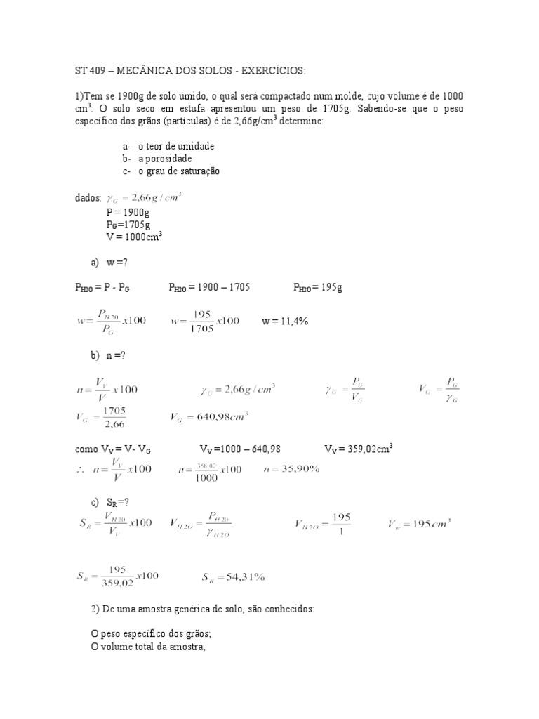 Mec Solos Exerc Cios Resolvidos | PDF | Densidade | Mecânica dos solos