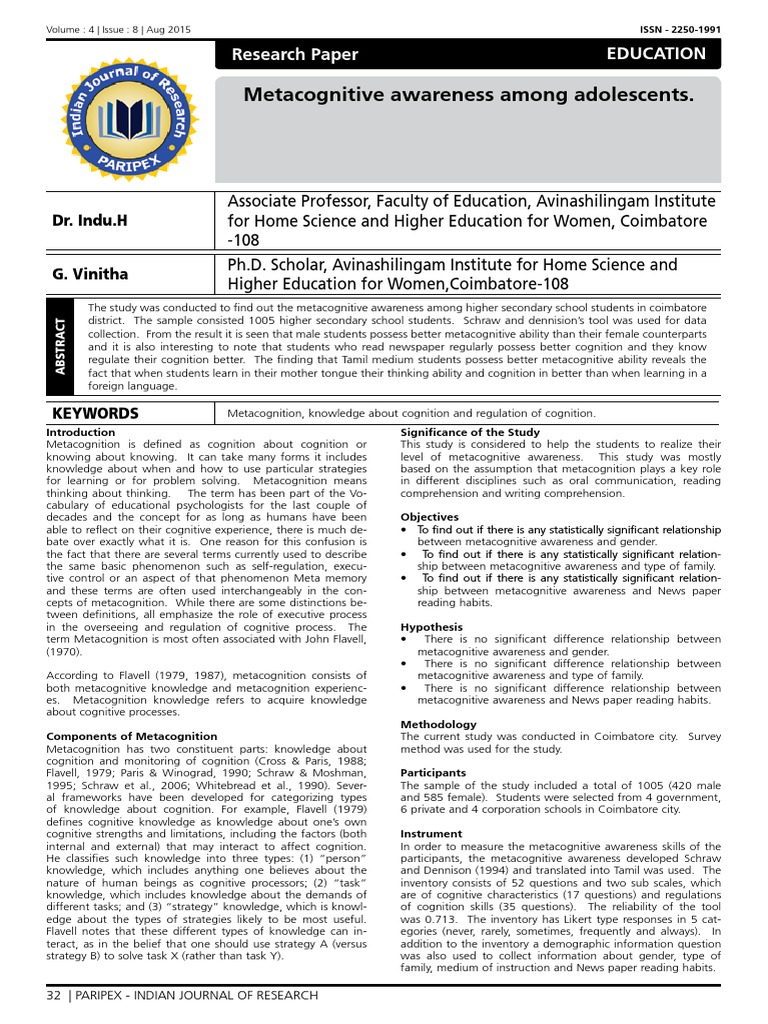 Metacognitive Awareness In Adolescence Pdf Metacognition Awareness