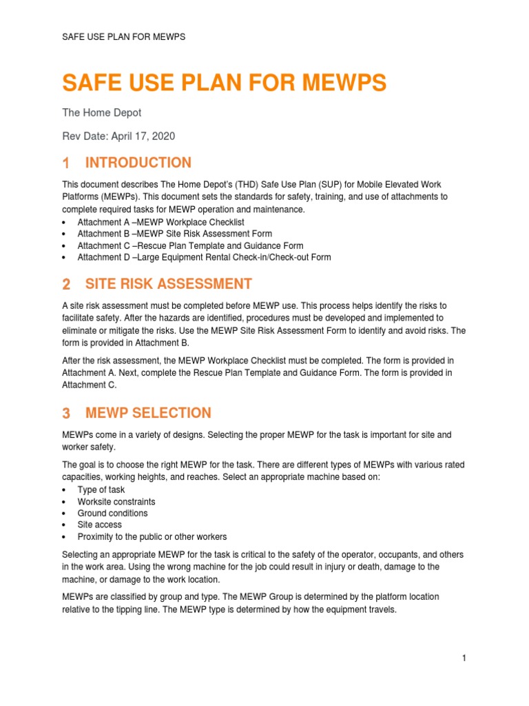 Safe Use Plan For Mewps: The Home Depot Rev Date: April 17, 2020 | PDF ...