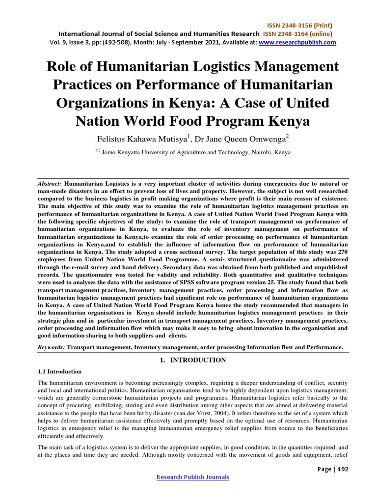 Role of Humanitarian Logistics Management Practices On Performance of ...