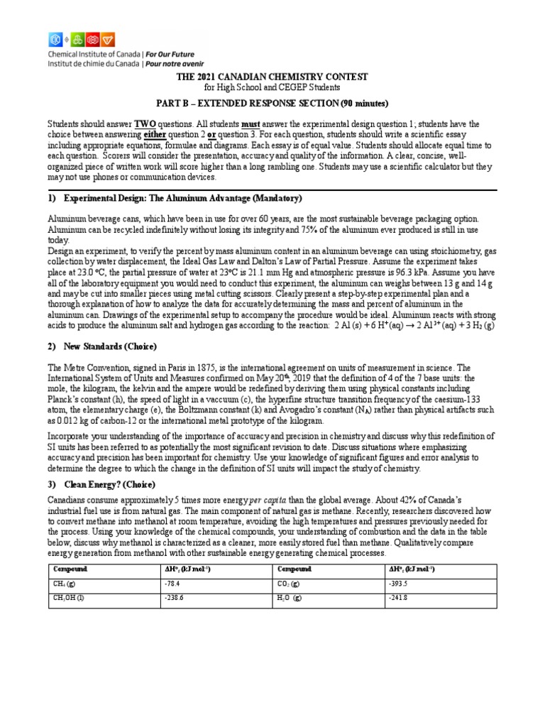 Canada Chemistry Olympiad | PDF | International System Of Units | Kilogram