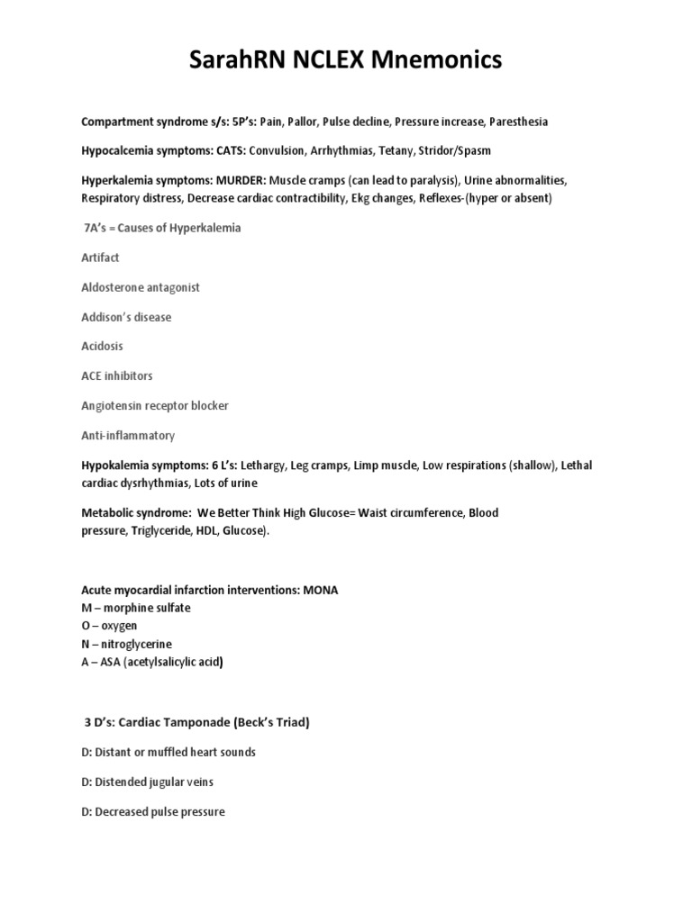 Nclex Mnemonics 2020 2 | PDF | Myocardial Infarction | Pain